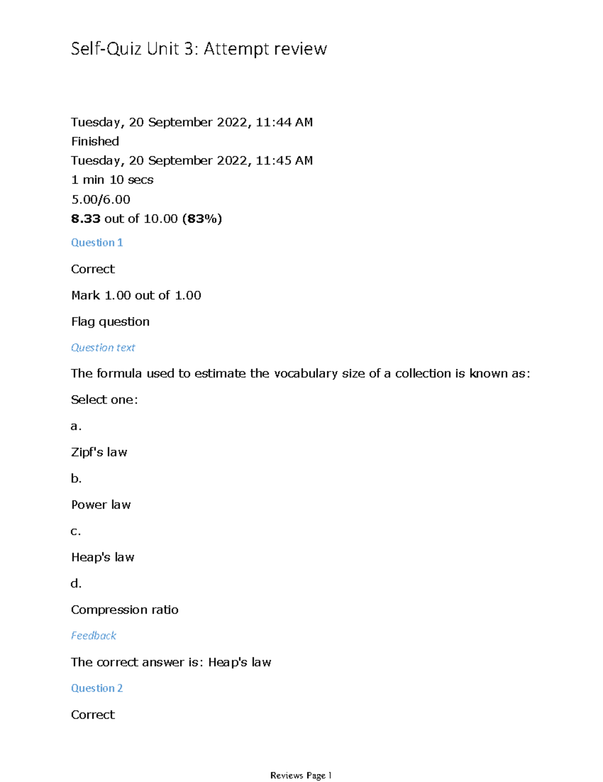 Self-Quiz Unit 3 Attempt review - Tuesday, 20 September 2022, 11:44 AM Finished Tuesday, 20 ...