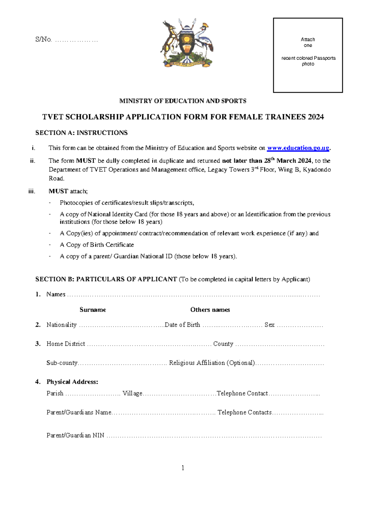 TVET Female Scholarship Application Form - S/No ...