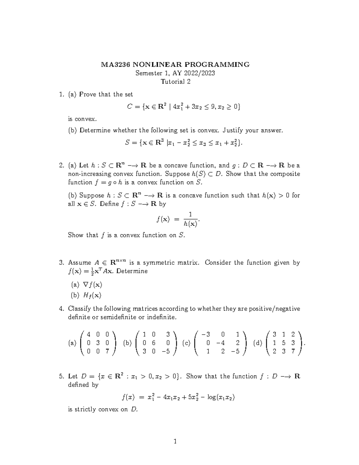 Tut2 - dsds - MA3236 NONLINEAR PROGRAMMING Semester 1, AY 2022 ...