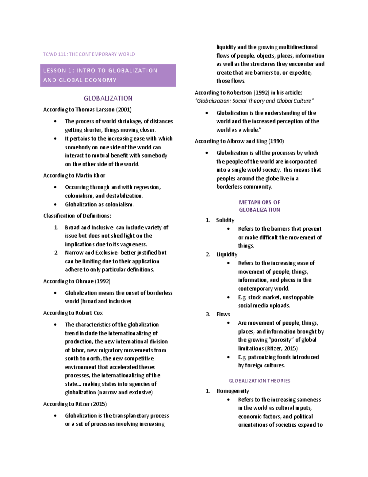 TCWD 111 - Prelims Transes - TCWD 1 11: THE CONTEMPORARY WORLD LESSON 1 ...