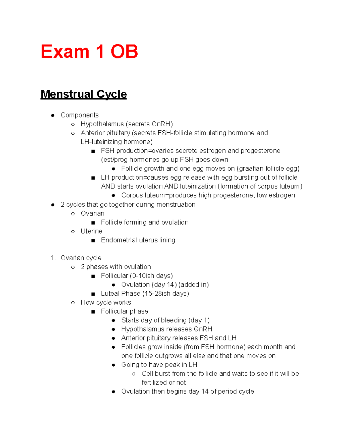 Exam 1 OB 5 - Newborn - Exam 1 OB Menstrual Cycle Components ...