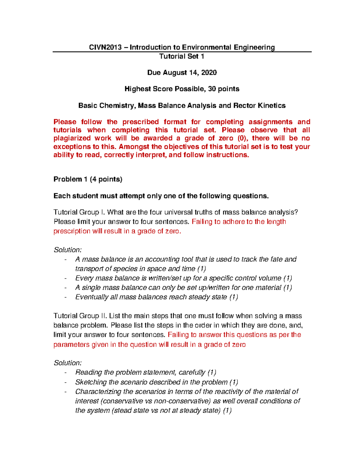 Tutorial Set 1 Model Solution ANSWERS - CIVN2013 – Introduction to Environmental Engineering ...