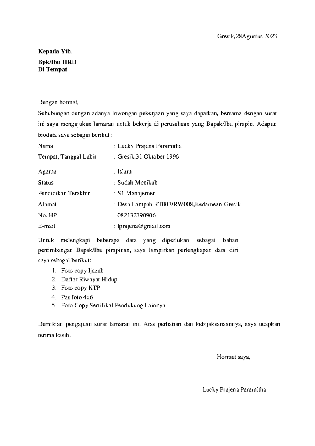 Lamaran - Hshsj - Gresik,28Agustus 2023 Kepada Yth. Bpk/Ibu HRD Di ...