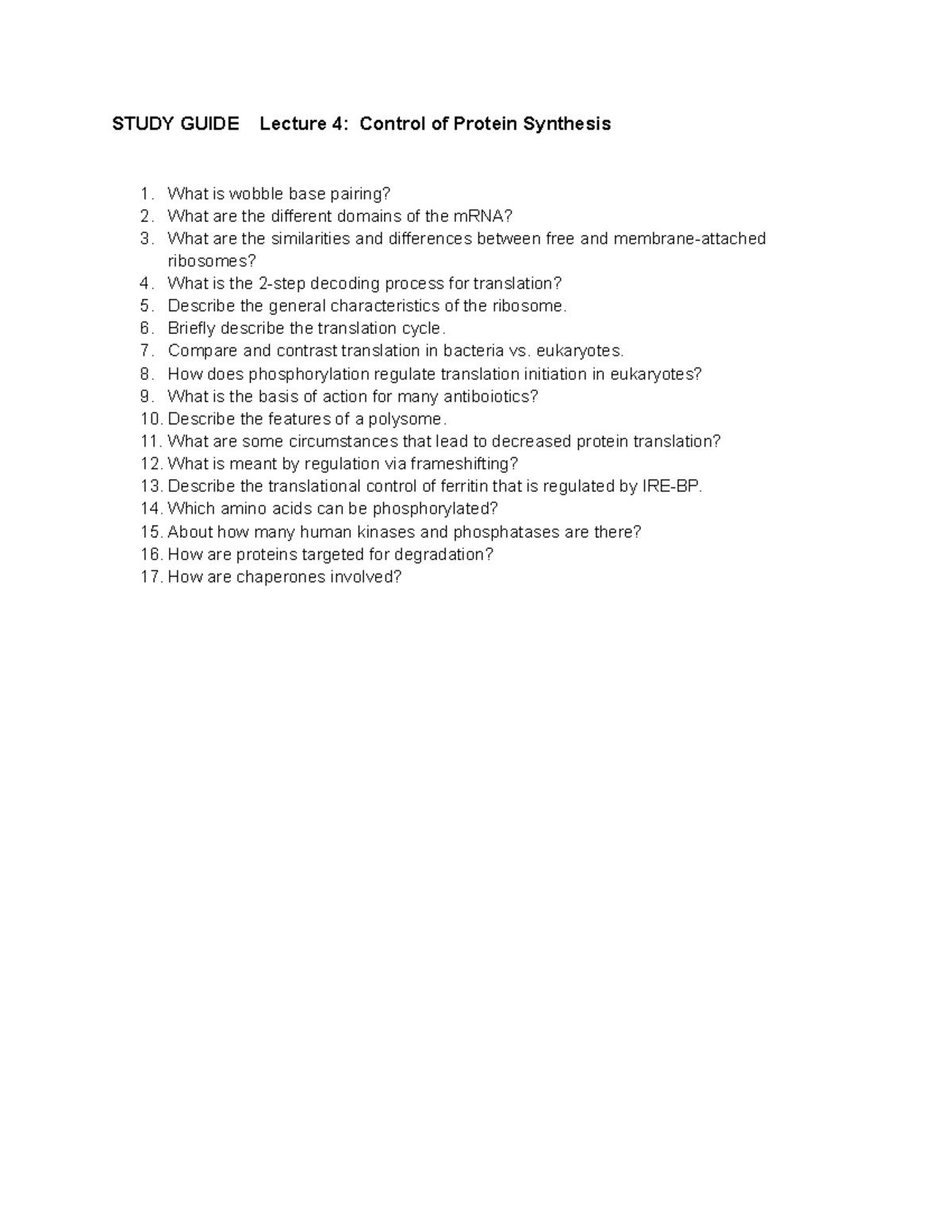 Protein Synthesis Study Guide - STUDY GUIDE Lecture 4: Control of ...