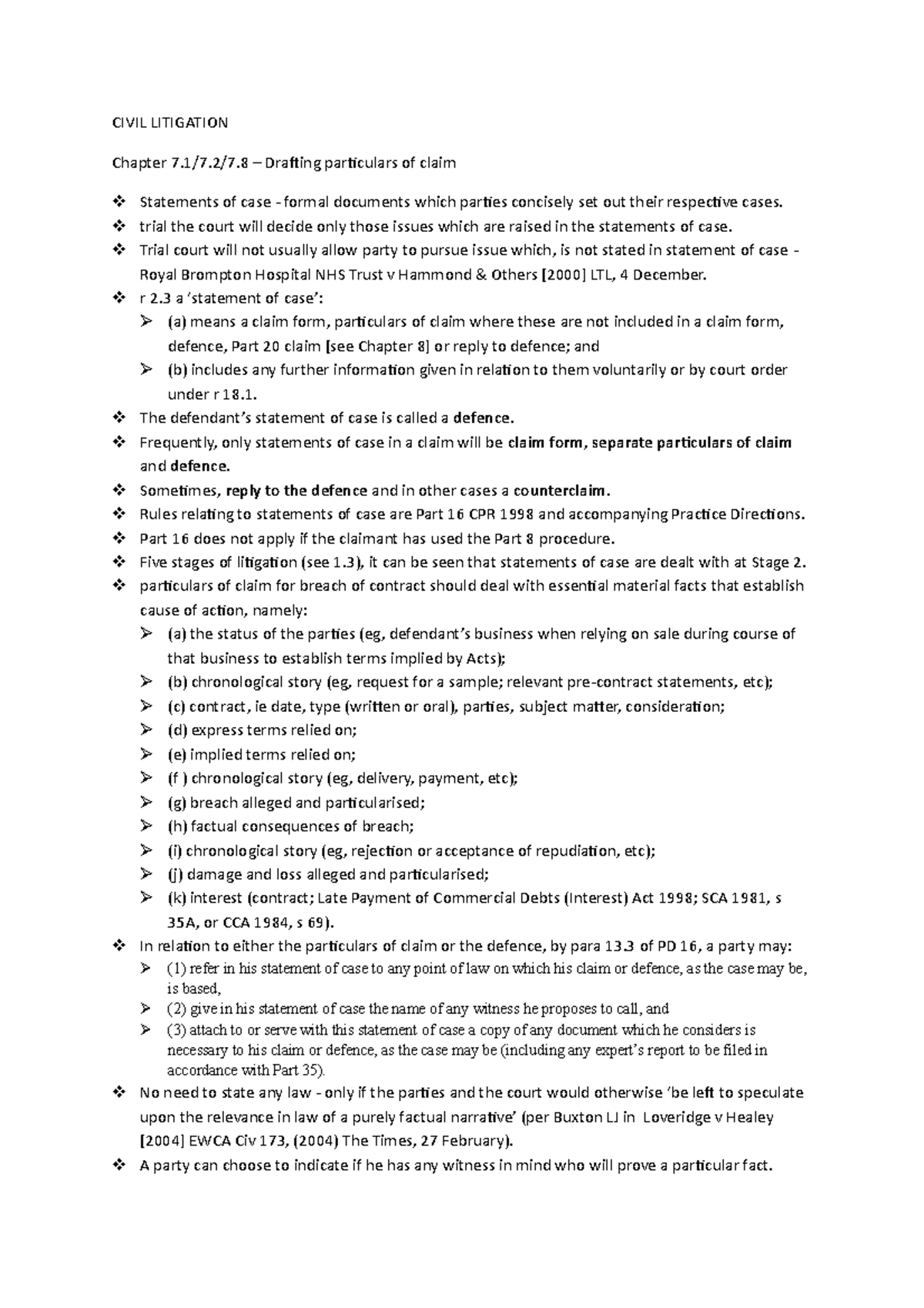 Chpter 7.1 +7.2 drafting particulars of claim - CIVIL LITIGATION ...
