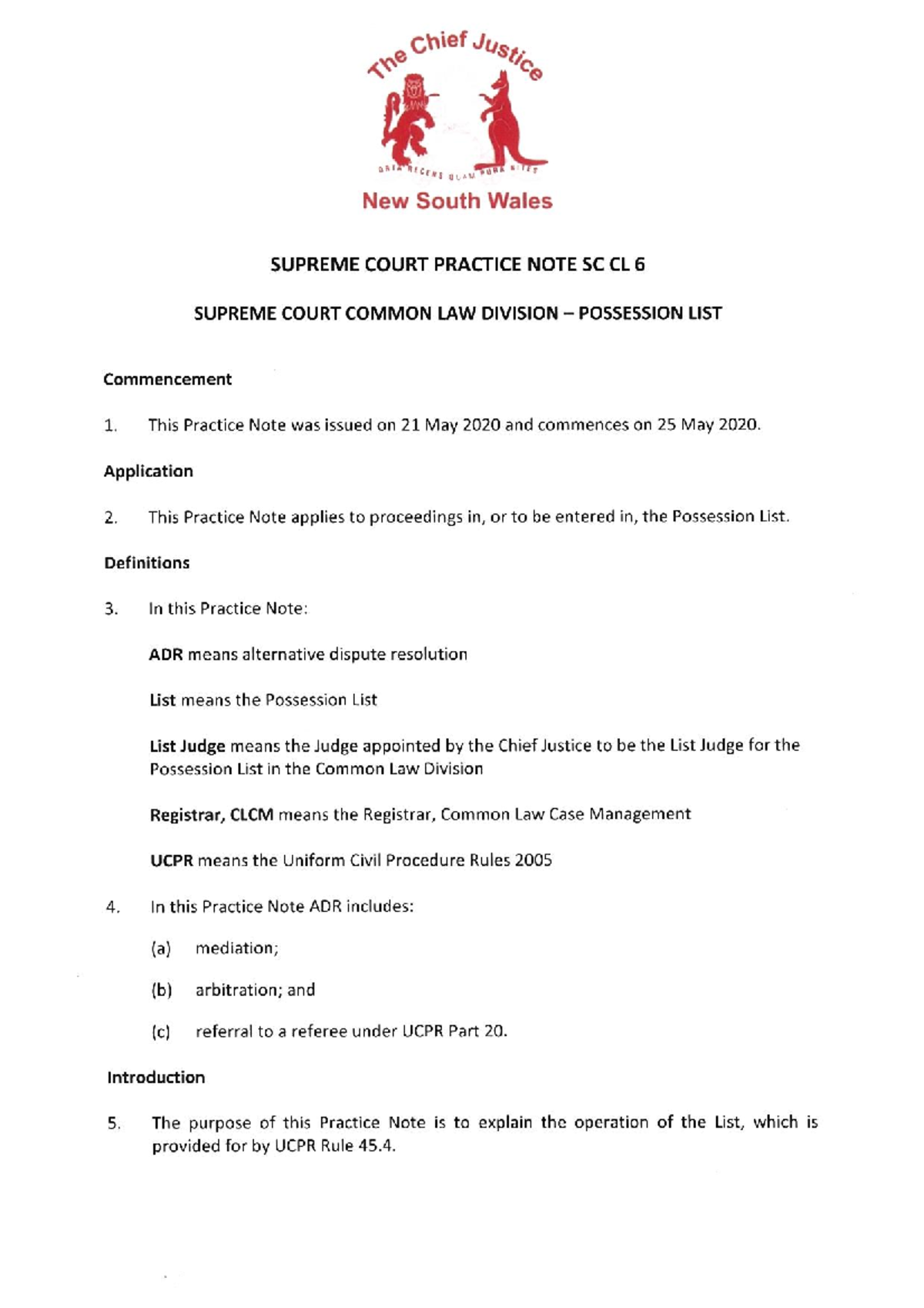 2020 05 21 Practice Note SC CL 6 Possession List - LPAB 15 - Studocu