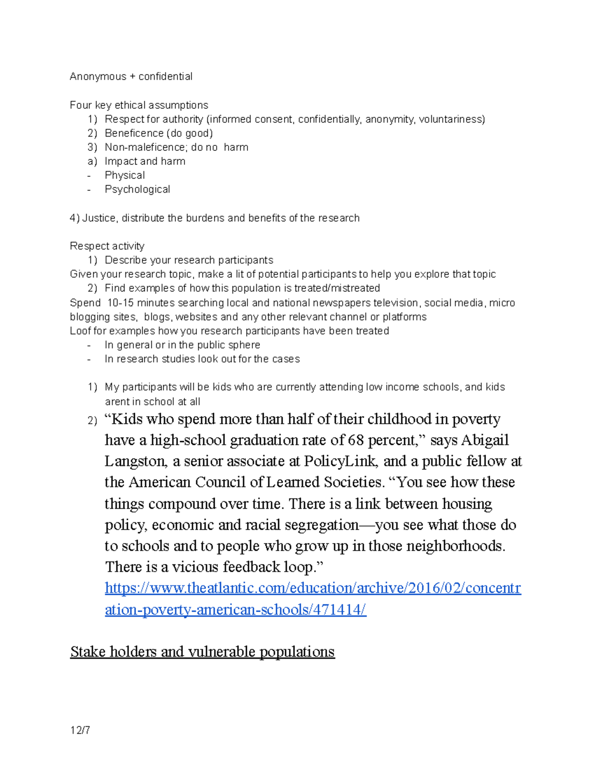 Qual notes - Anonymous + confidential Four key ethical assumptions 1 ...