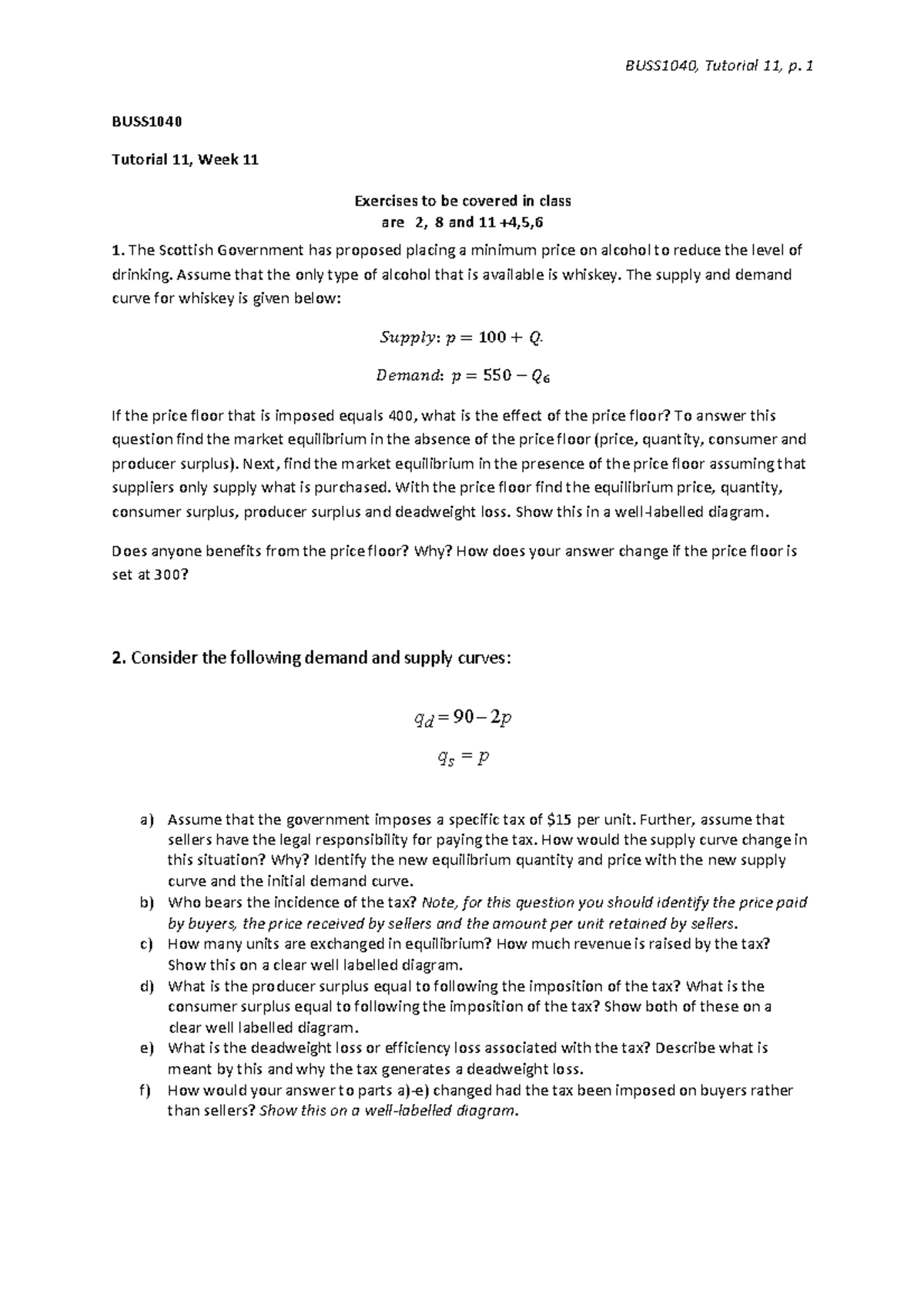 Tutorial 11 2022 - BUSS Tutorial 11, Week 11 Exercises to be covered in class are 2, 8 and 11 +4 ...