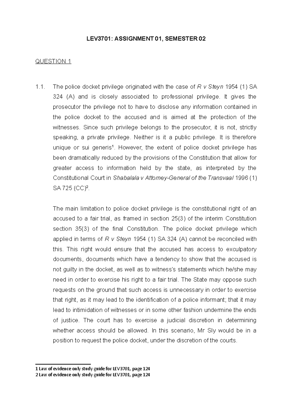 New Microsoft Word Document - LEV3701: ASSIGNMENT 01, SEMESTER 02 QUESTION 1 The police docket ...