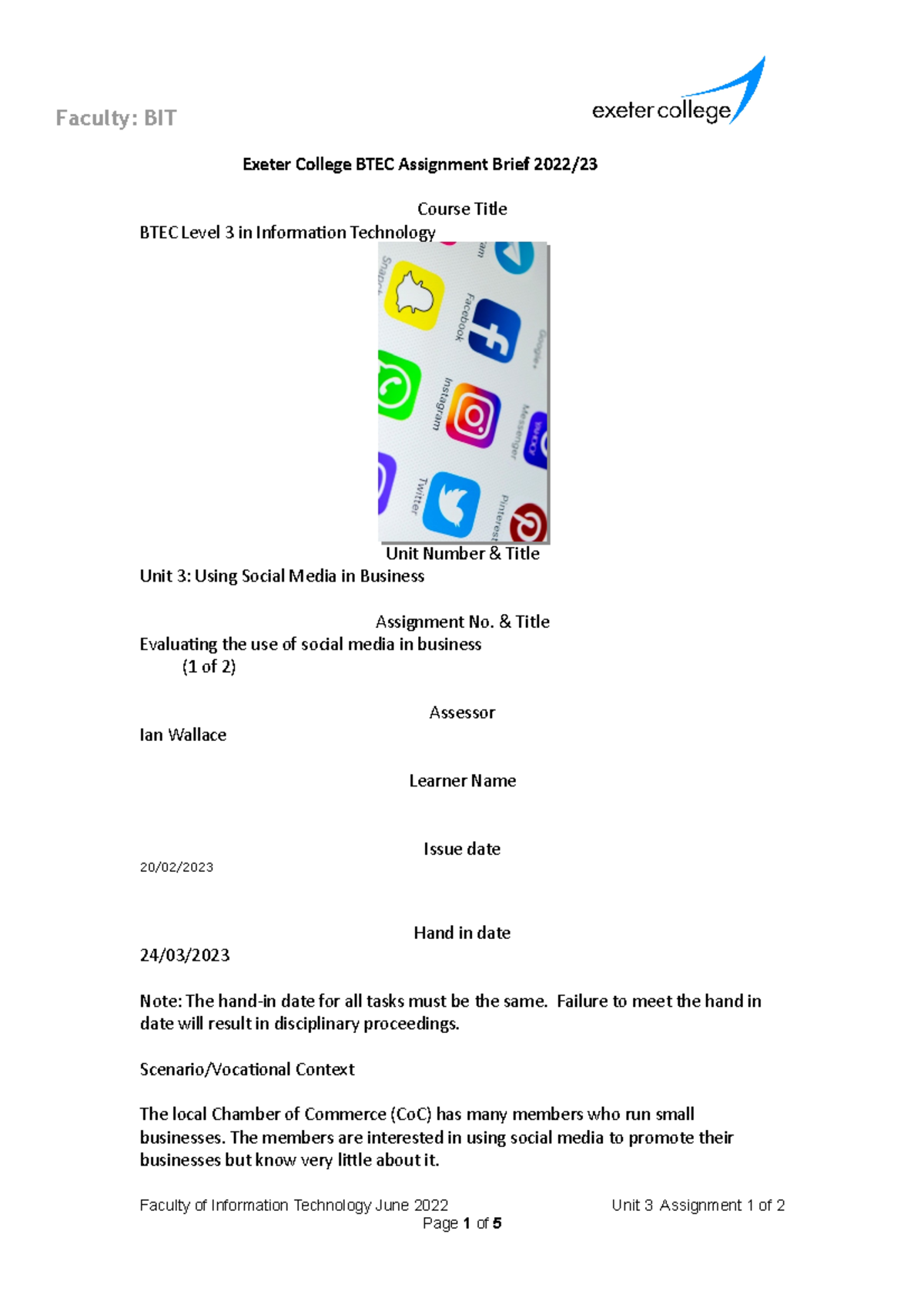 Unit 3 A1 brief 21 22 - Yeah - Exeter College BTEC Assignment Brief ...