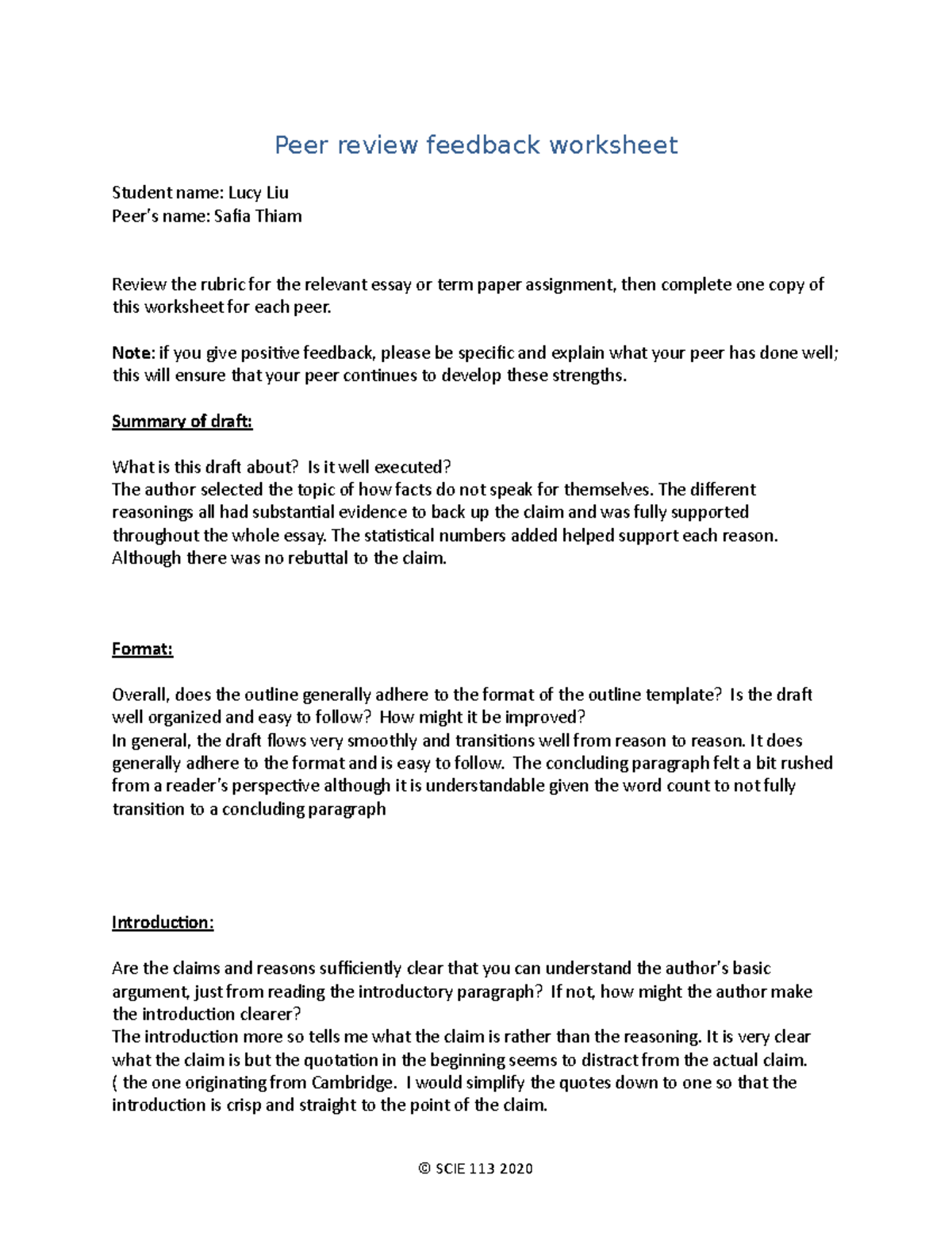 Worksheet Peer Review Feedback 2020W1-3 - Peer review feedback ...