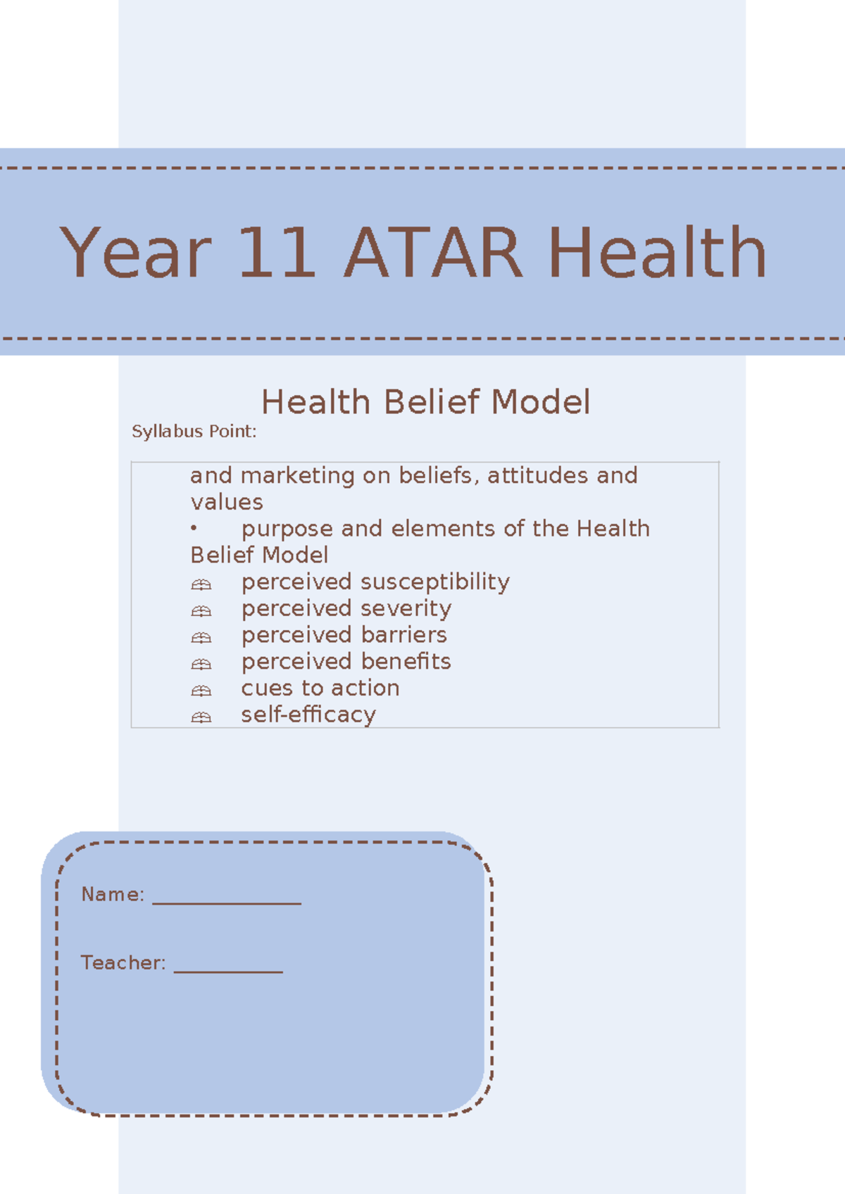Health Belief Model Booklet - Name: _______________ Teacher ...