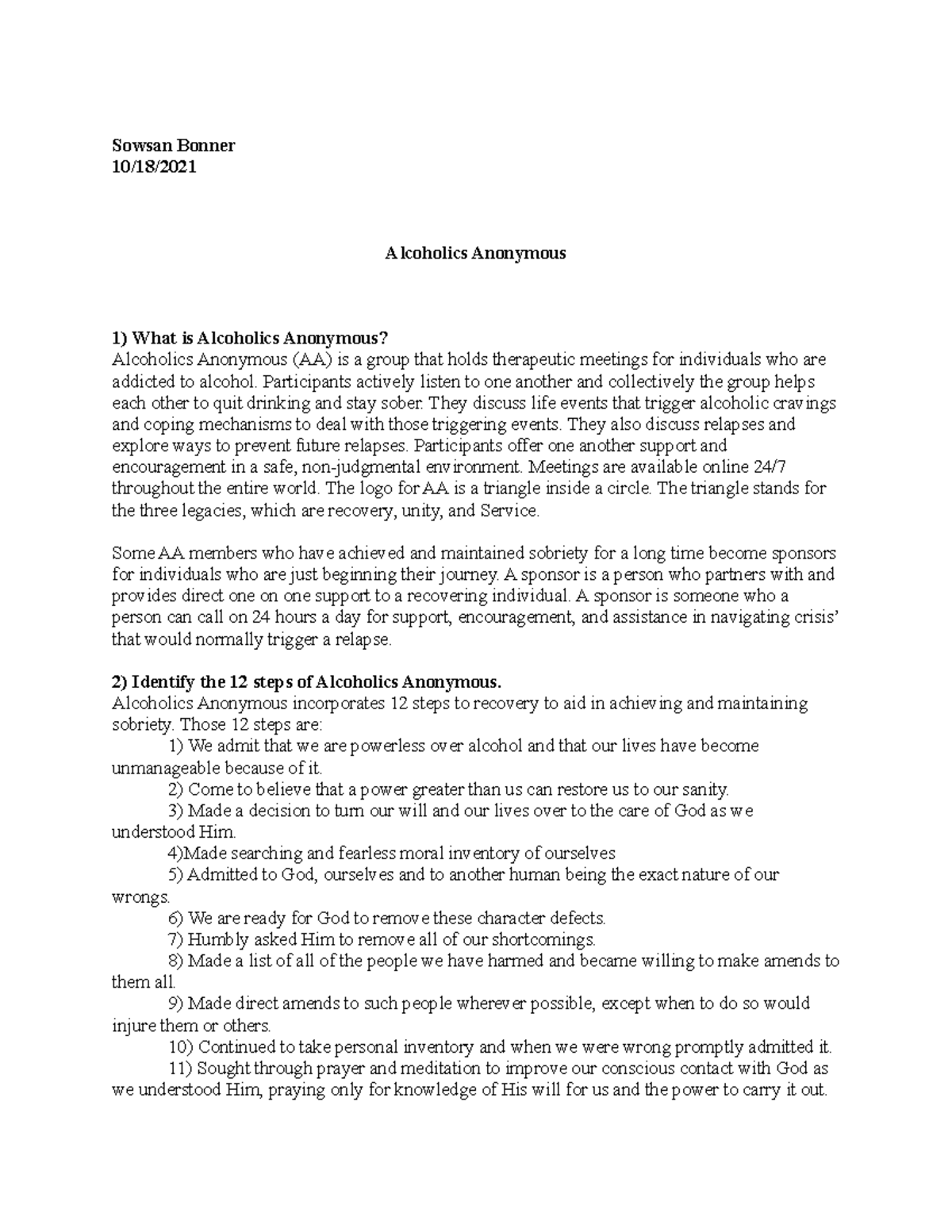 AA report - Mental Health Nur114/115 - Sowsan Bonner 10/18/ Alcoholics ...