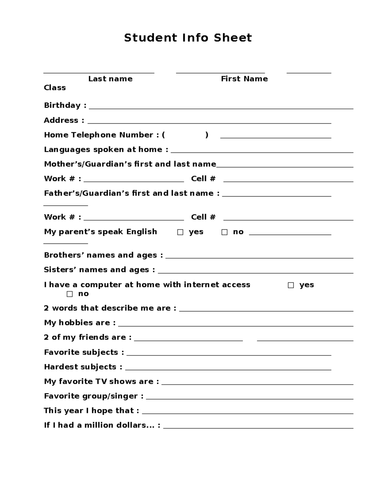 Erin Student-INFO- Sheet - Student Info Sheet Last name First Name ...