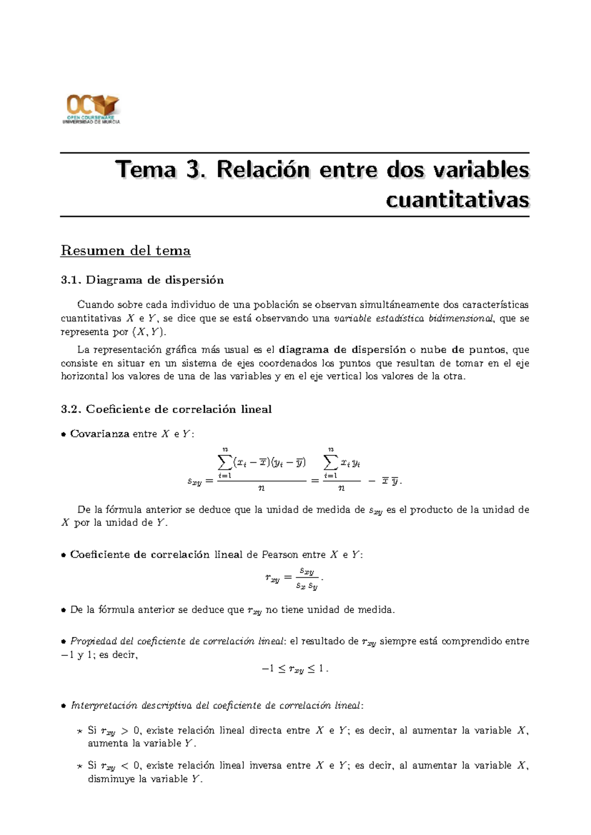 Relacion entre dos variables - Tema 3. Relaci ́on entre dos variables cuantitativas Tema 3 ...