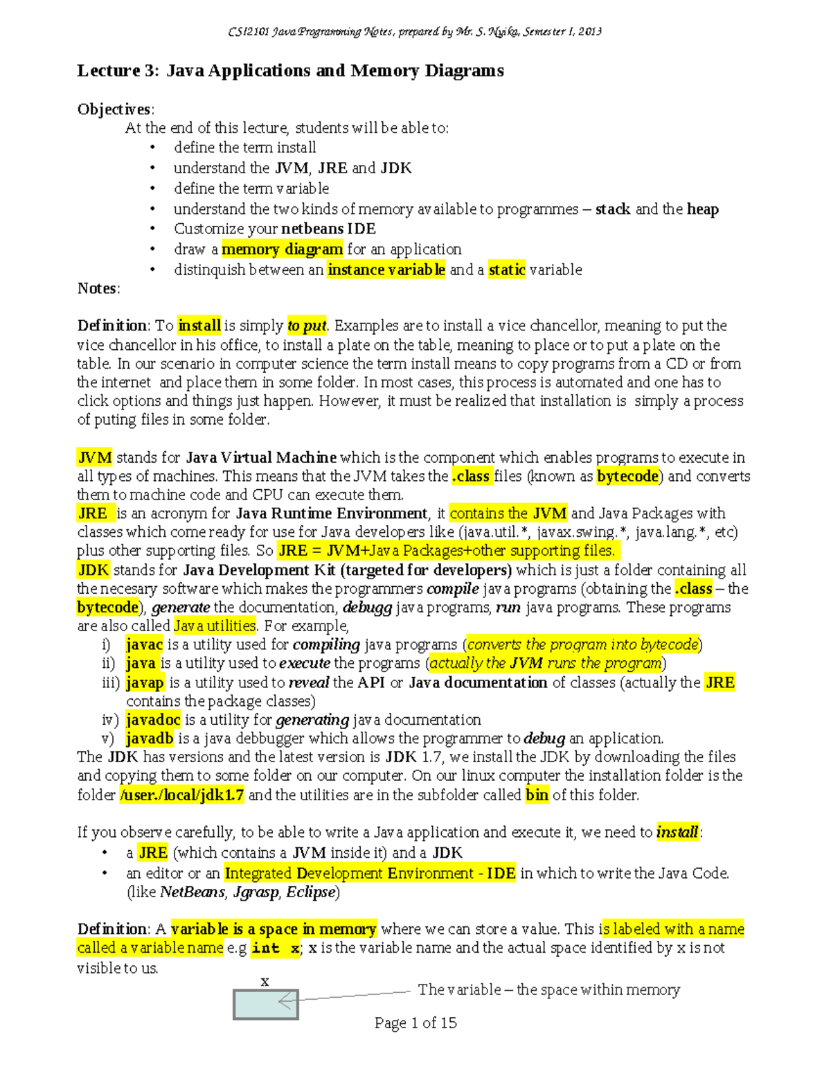 Lecture 3 Notes - Programming in Java & Networking - Lecture 3: Java ...
