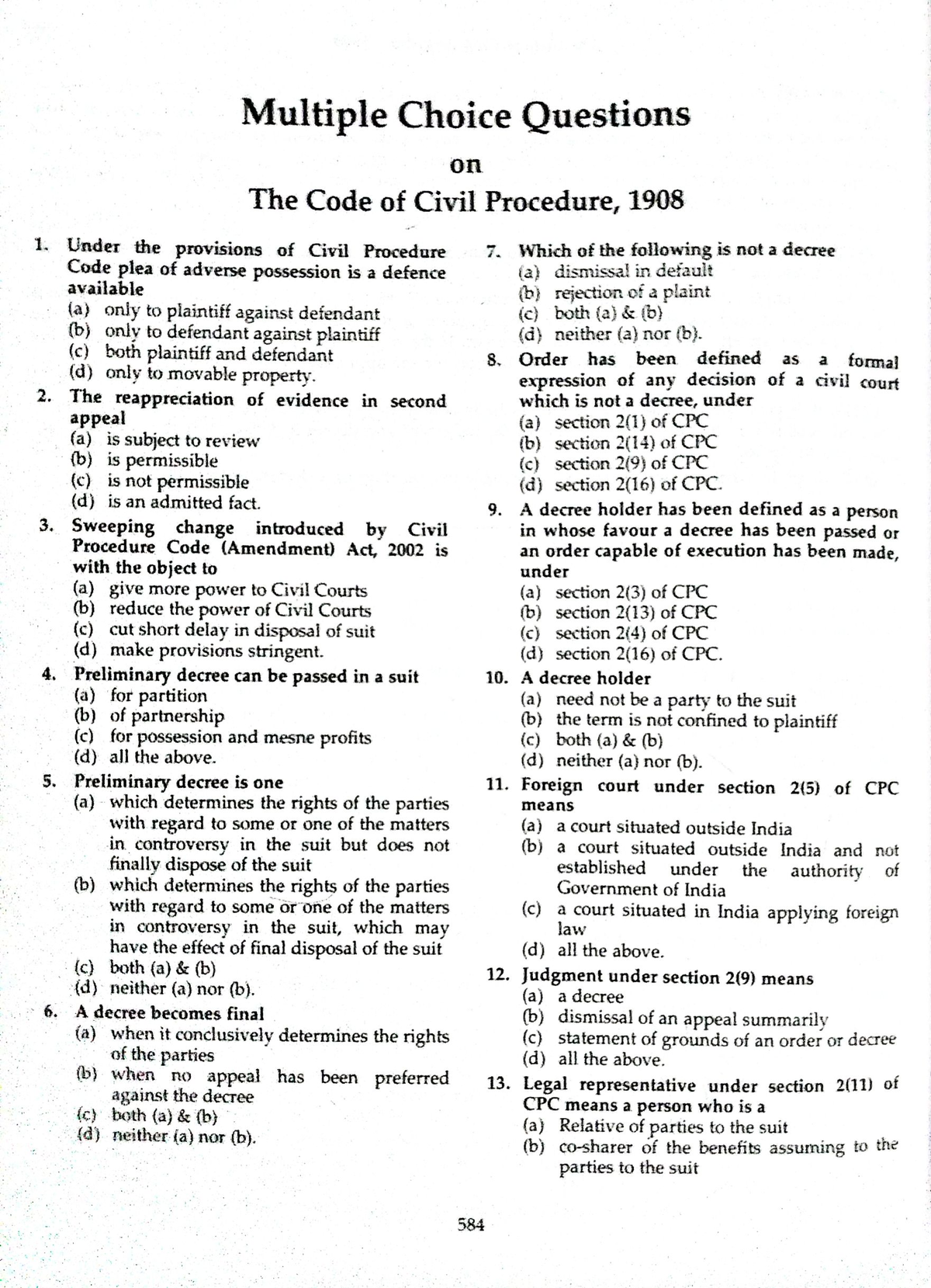 Cpc mcq - kkk - Multiple Choice Questions on The Code of Civil Procedure, 1908 1. Under the ...