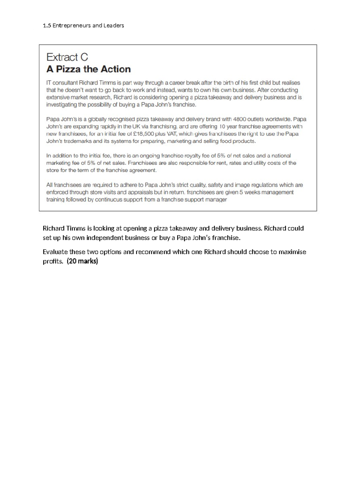 20 mark question - maths gcse - 1 Entrepreneurs and Leaders Richard ...