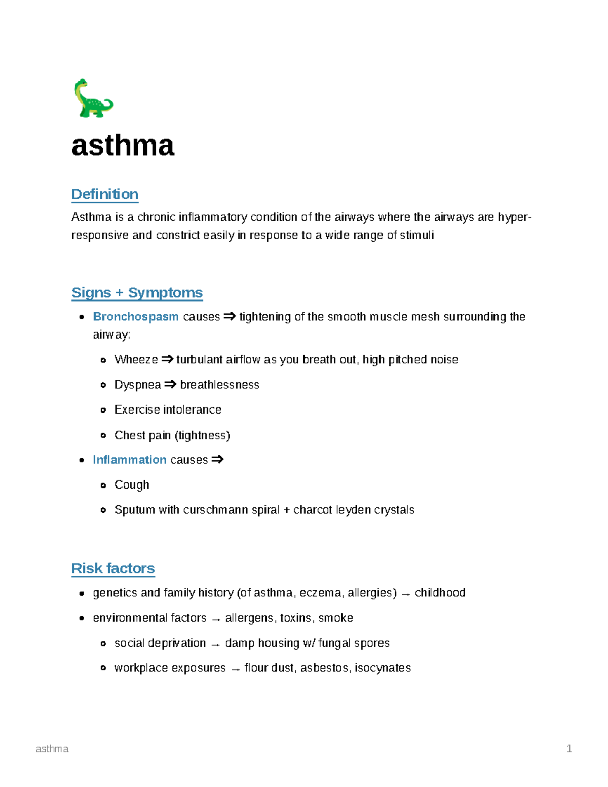 Asthma summary sheet y1 - Ã asthma Definition Asthma is a chronic ...