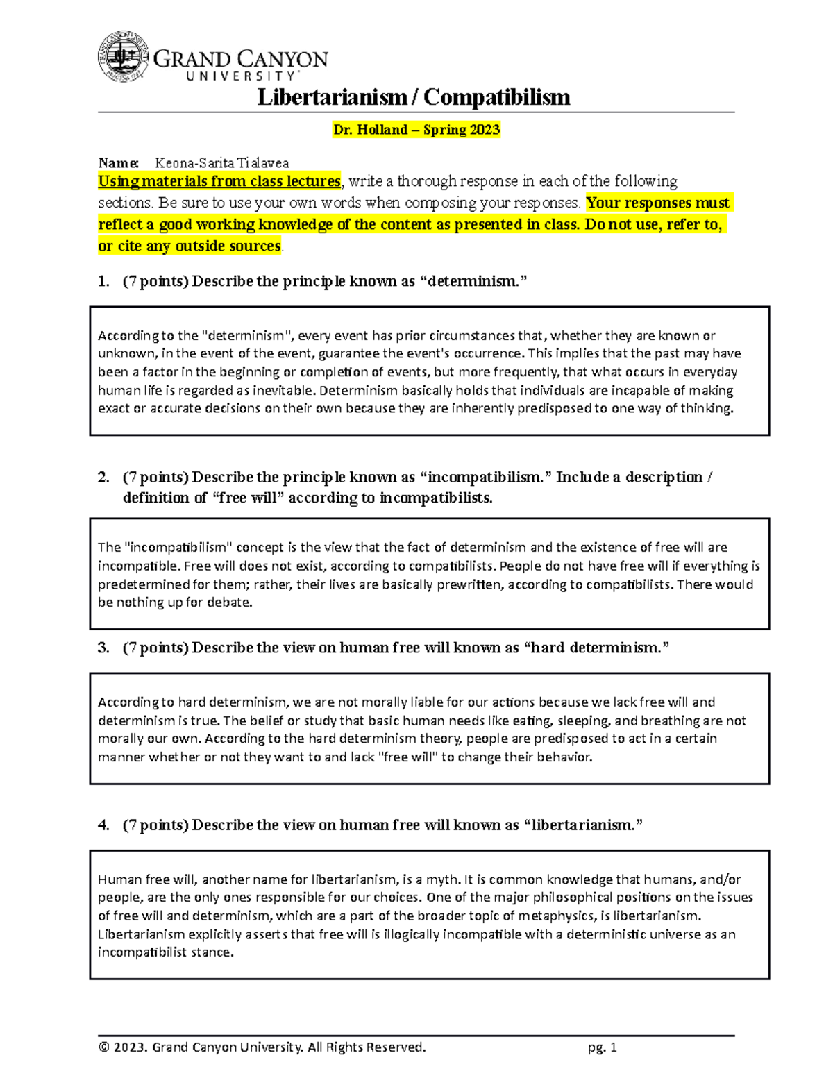 Libertarianism and Compatibilism Worksheet - Libertarianism ...