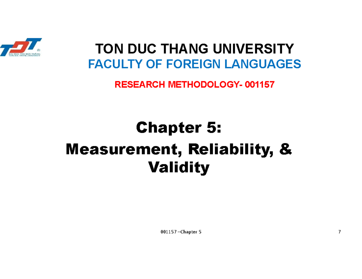 Unit 5 Measurement, reliability, validity - Chapter 5: Measurement, Reliability, & Validity TON ...