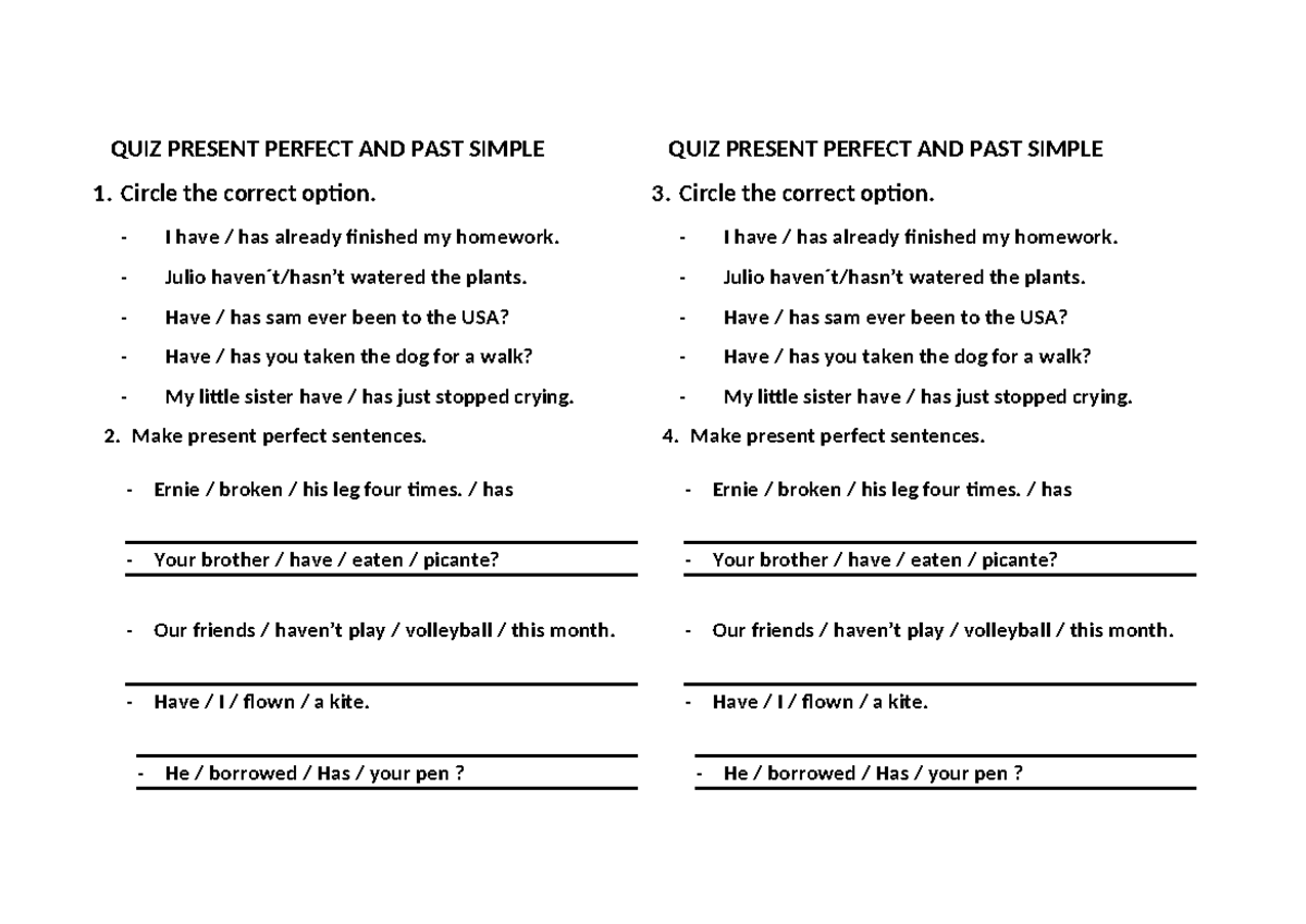 QUIZ Present Perfect AND PAST Simple - QUIZ PRESENT PERFECT AND PAST ...