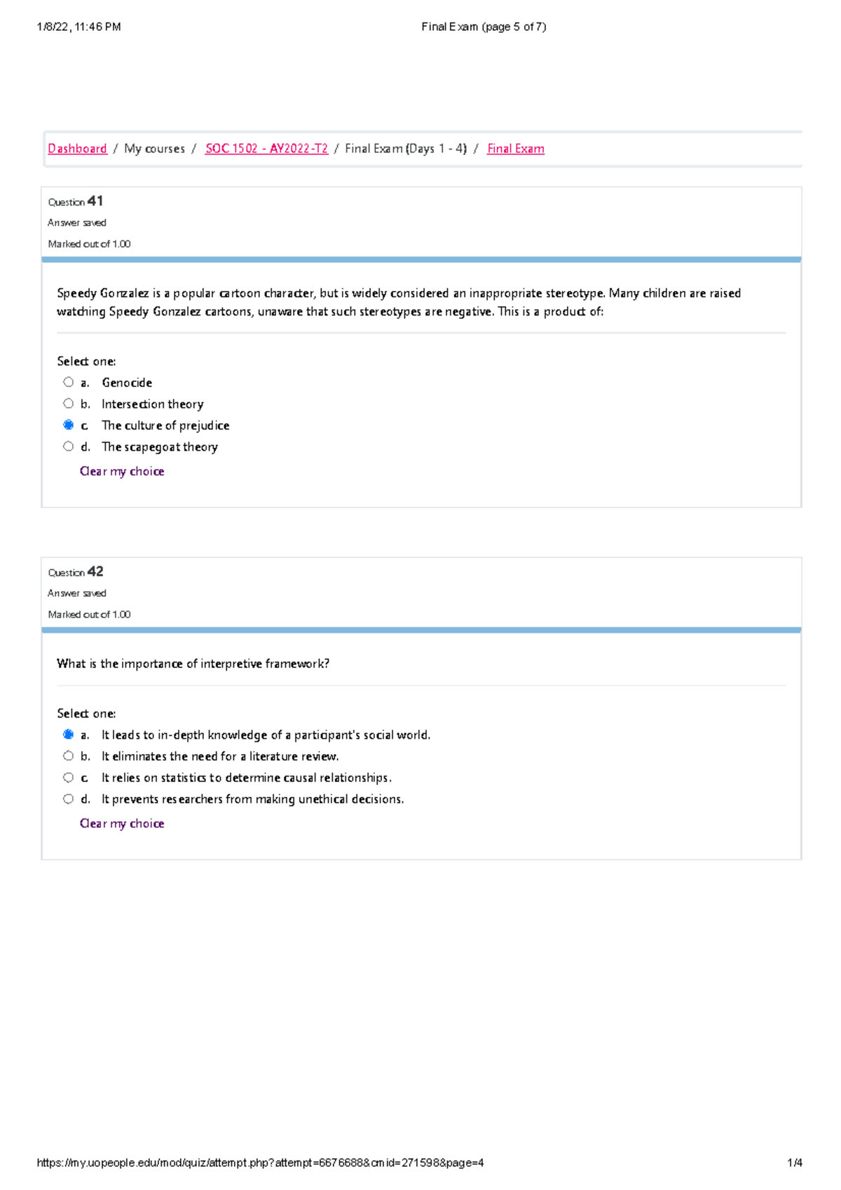 Final Exam (page 5 of 7) - exam - Question 41 Answer saved Marked out ...