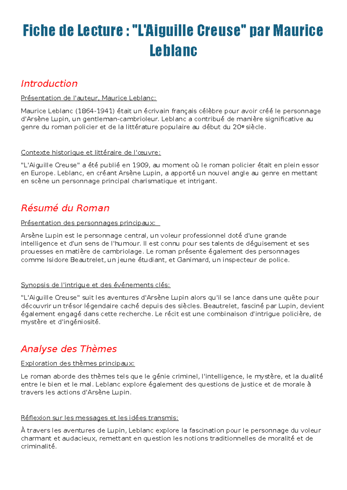 Fiche-L'aiguille-Creuse - Fiche de Lecture : "L'Aiguille Creuse" par Maurice Leblanc - Studocu