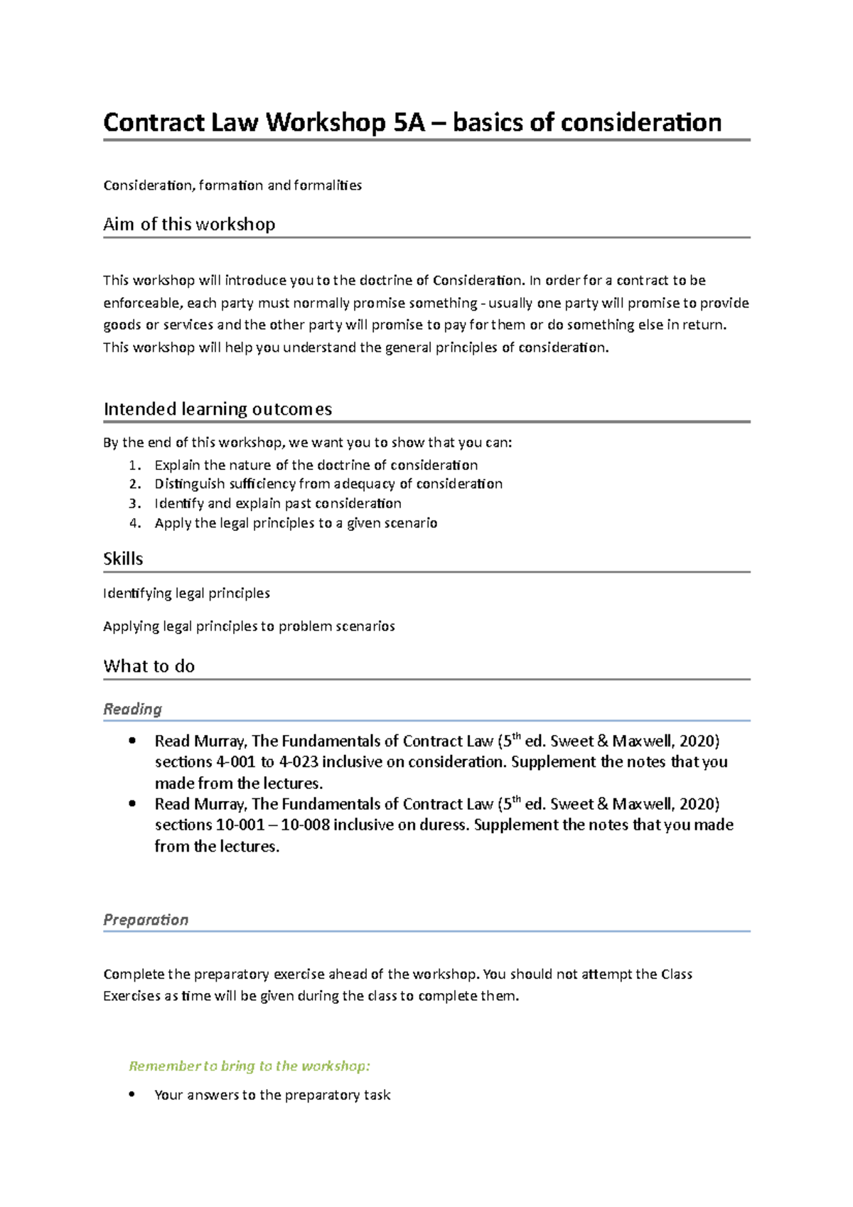 Contract Law workshop 5A basics of consideration - Contract Law ...