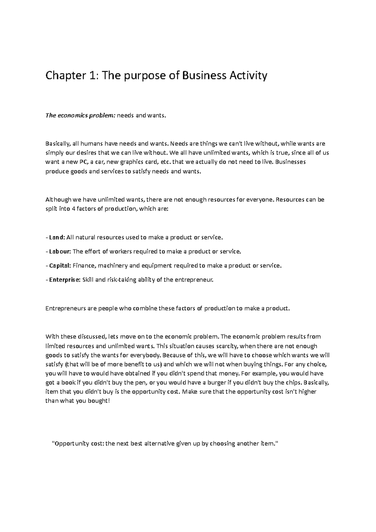 Business Studies Igcse Summaries for all - Chapter 1: The purpose of ...