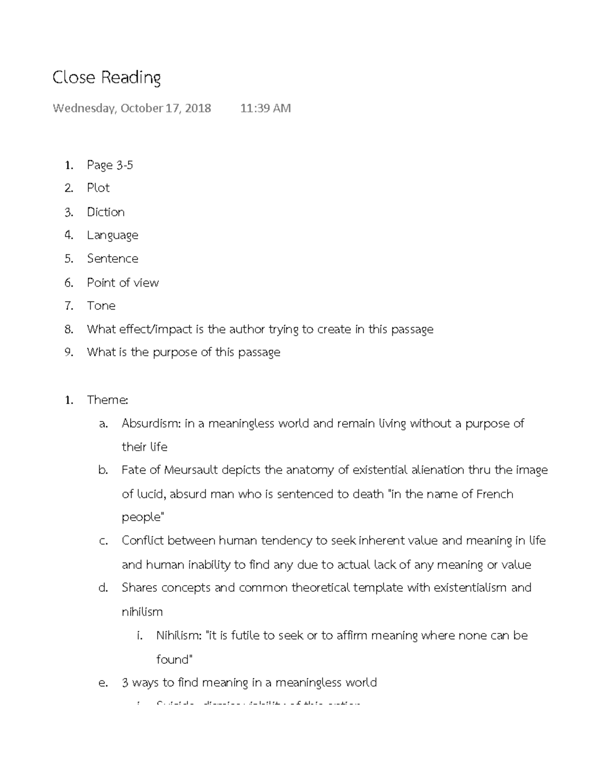 The Stranger Close Reading - Close Reading Wednesday, October 17, 2018 ...