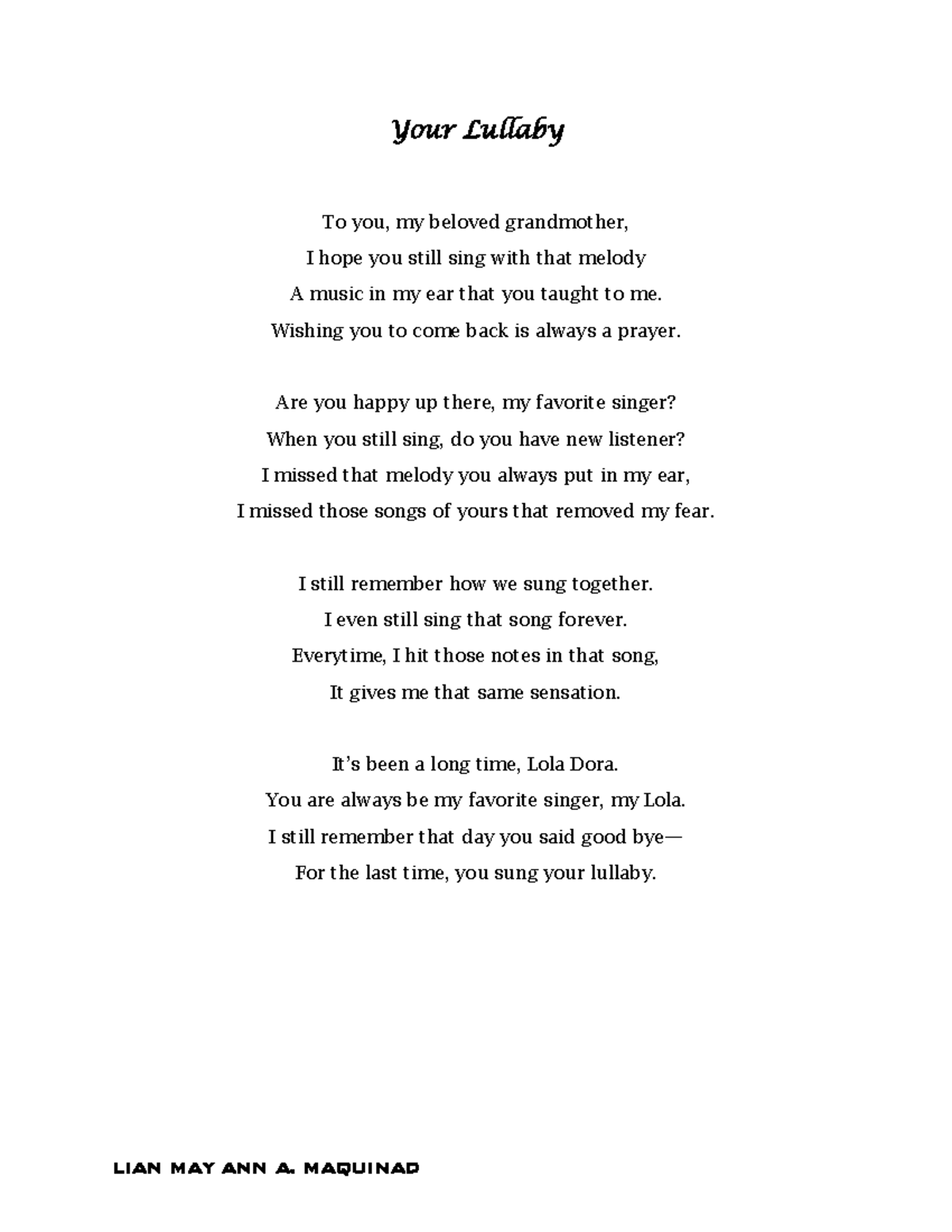 Epistle (A poem as a letter) - LIAN MAY ANN A. MAQUINAD Your Lullaby To ...