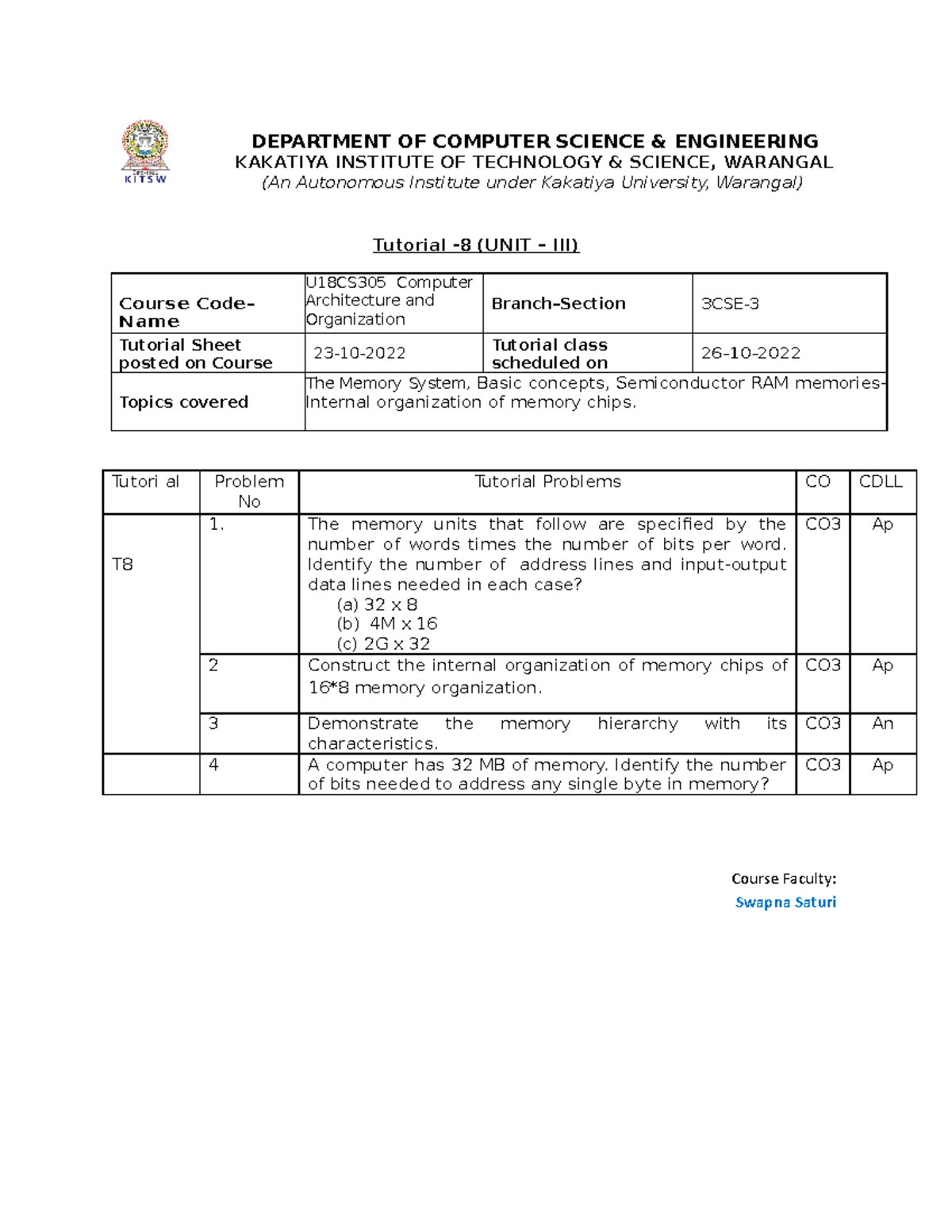 CAO-Tutorial 8 3CSE3 - Important notes - DEPARTMENT OF COMPUTER SCIENCE ...