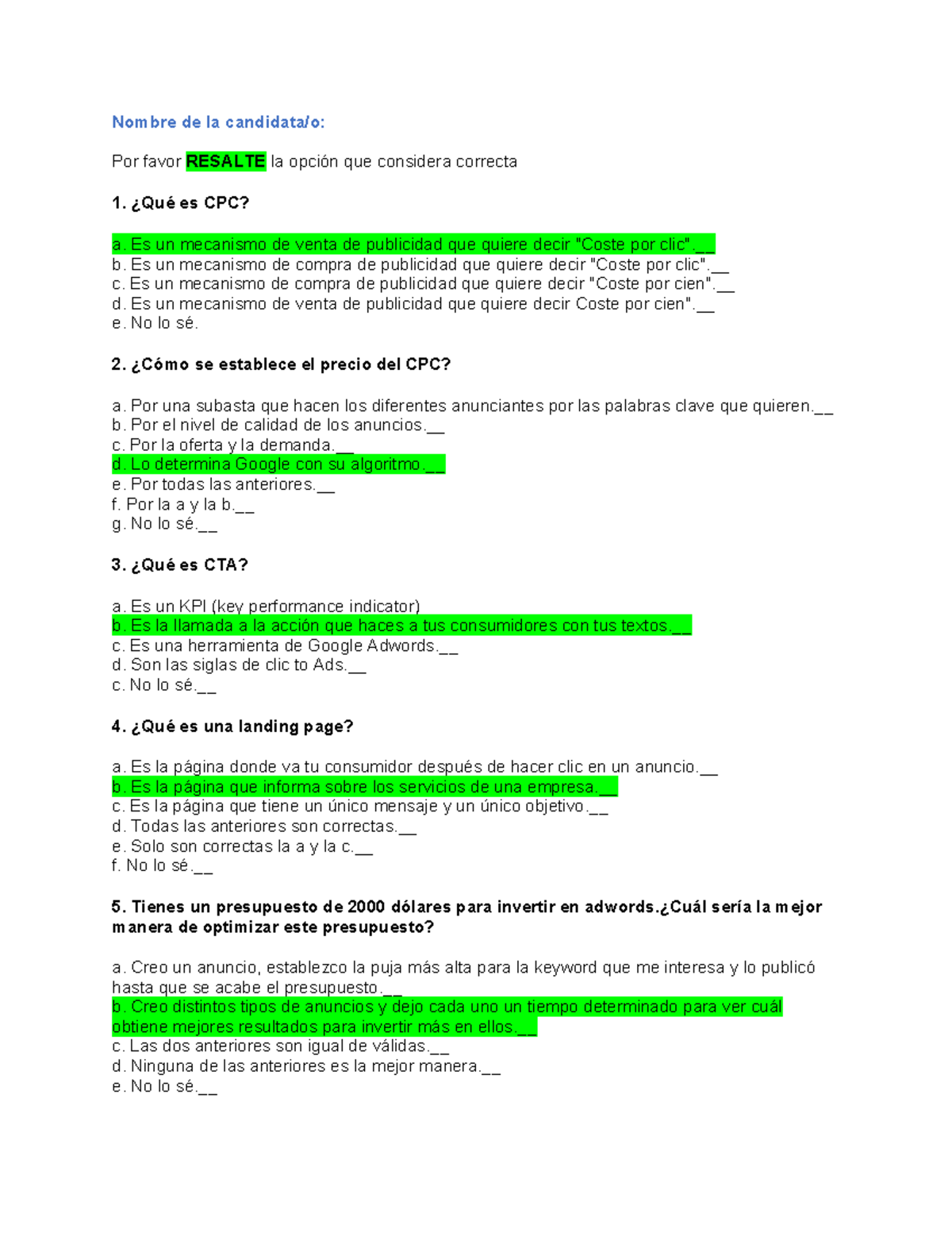 Prueba Web Master - Marketing (1) resuelto - Nombre de la candidata/o: Por favor RESALTE la ...