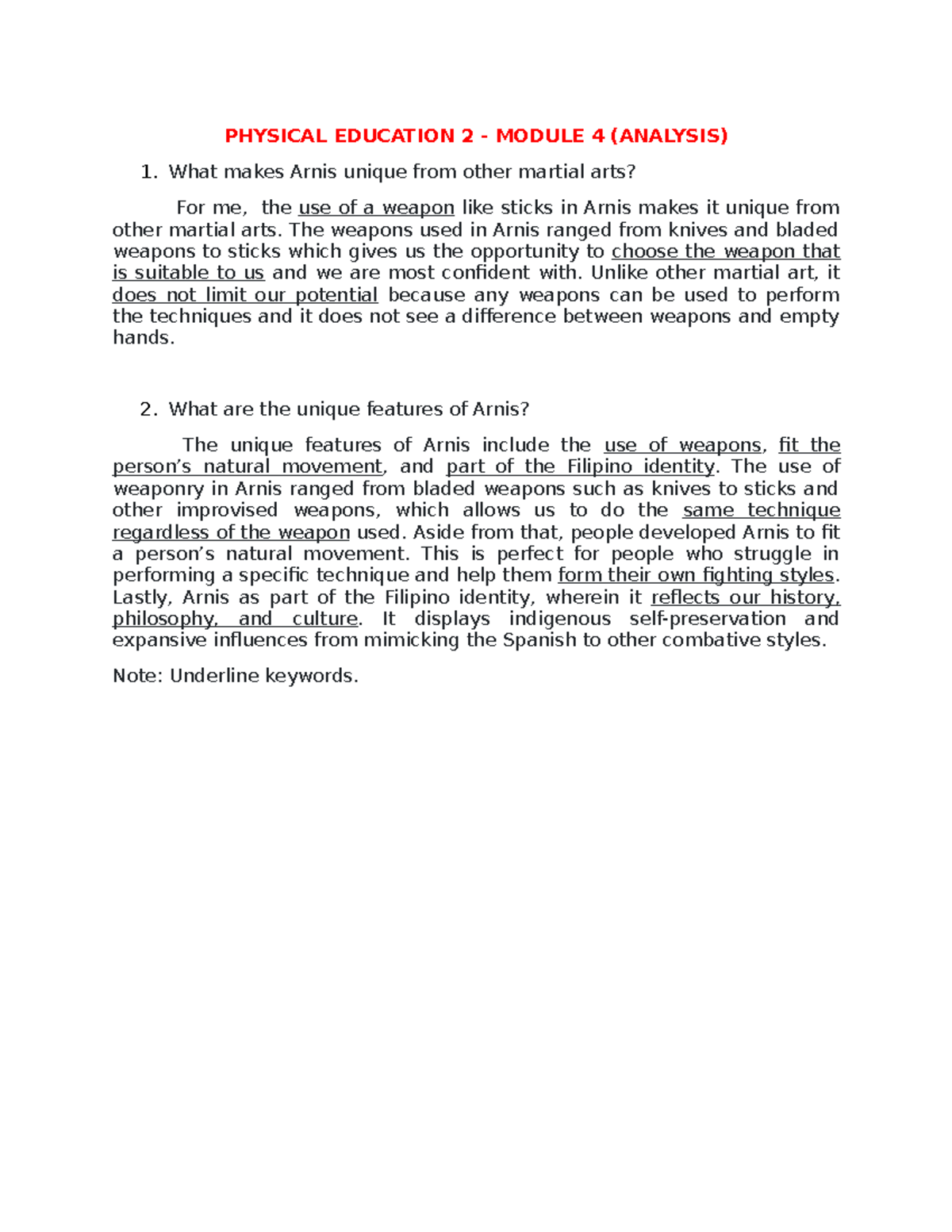 Physical Education 2 - Module 4 - Analysis - PUP - Studocu