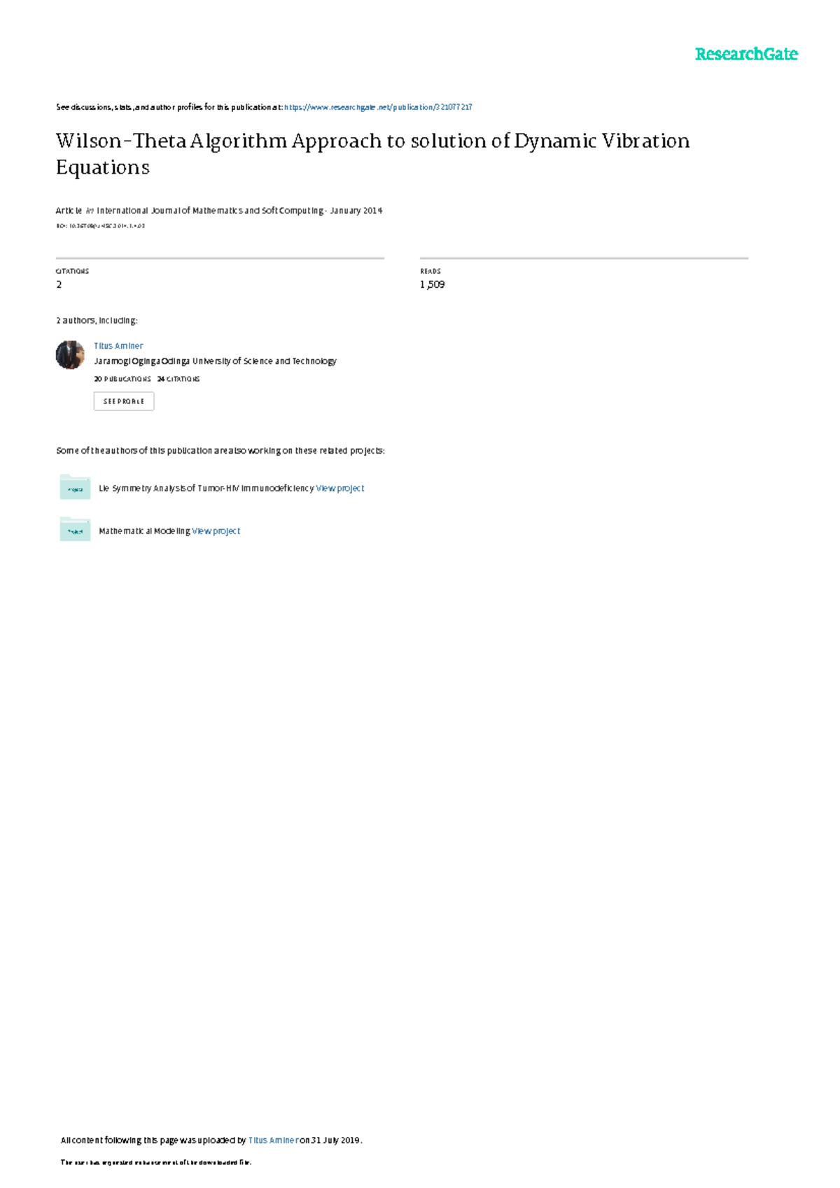 Wilson-Theta Algorithm Approachtosolutionof Dynamic Vibration Equations - See discussions, stats ...