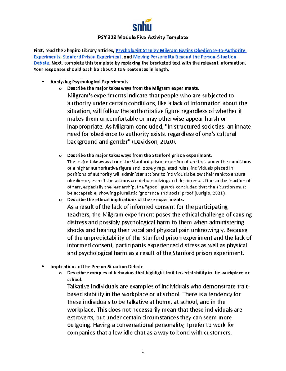 5-1 module - o Describe the major takeaways from the Milgram ...