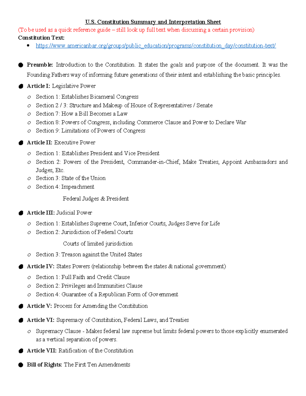 Constitution Summary Sheet - U. Constitution Summary and Interpretation ...