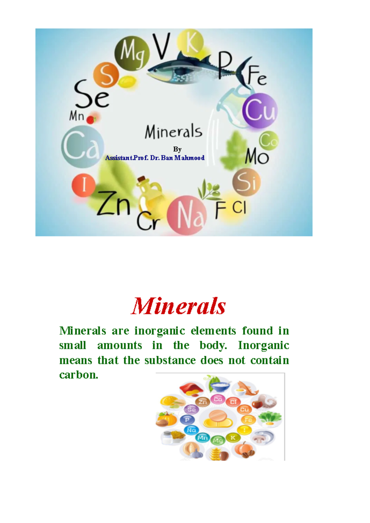 Minerals - metabolism - By Assistant. Dr. Ban Mahmood Minerals Minerals ...