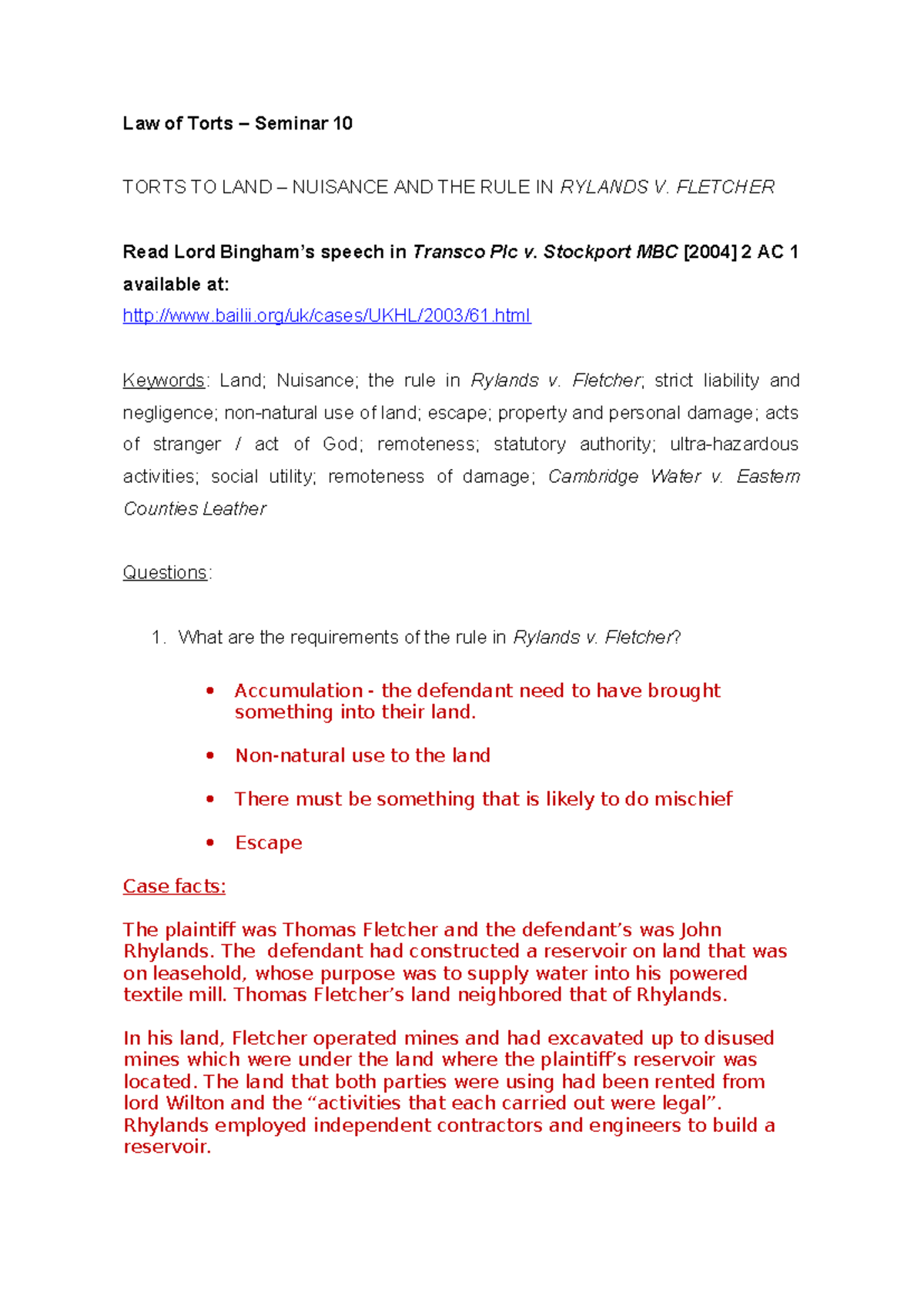 Tort - Seminar 10 with problem question - Law of Torts – Seminar 10 ...