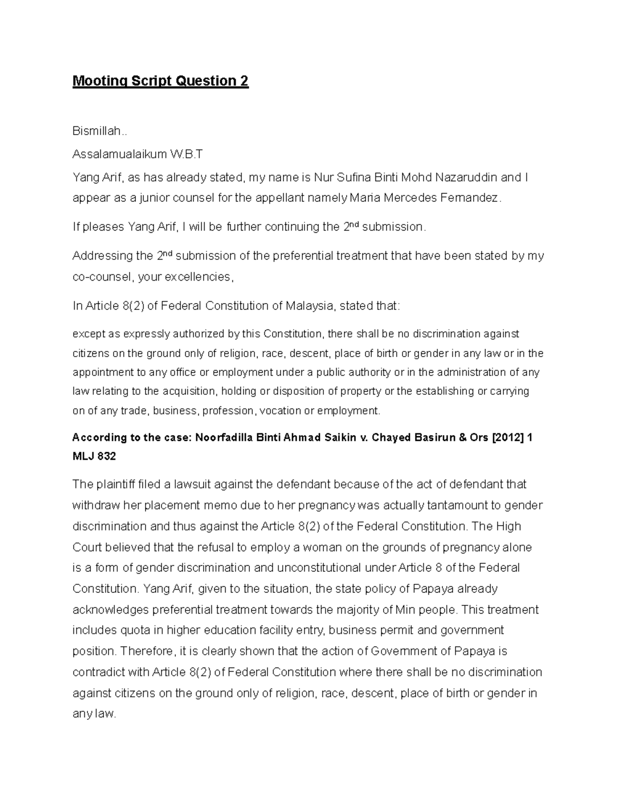 Mooting Script Including Aspects of Freedom and Equality - Mooting ...