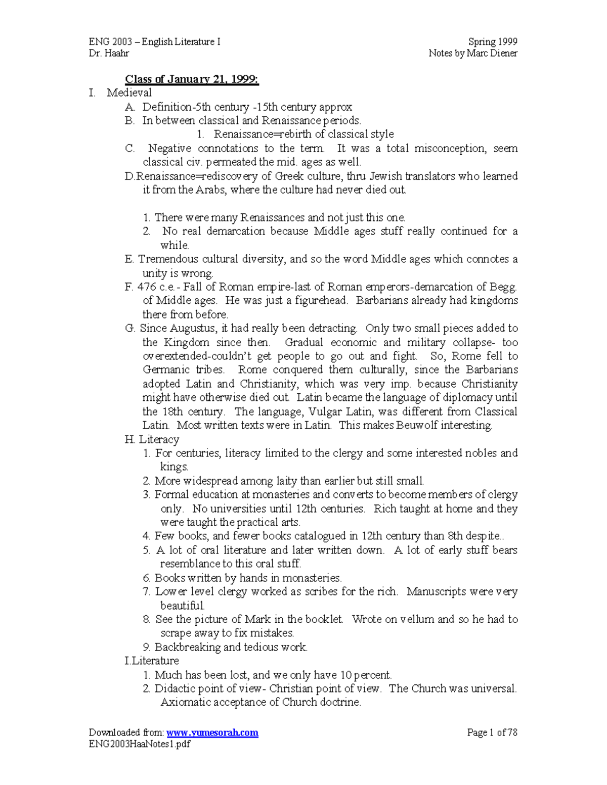 ENG2003 Haa Notes 1 - Dr. Haahr Notes by Marc Diener Class of January ...