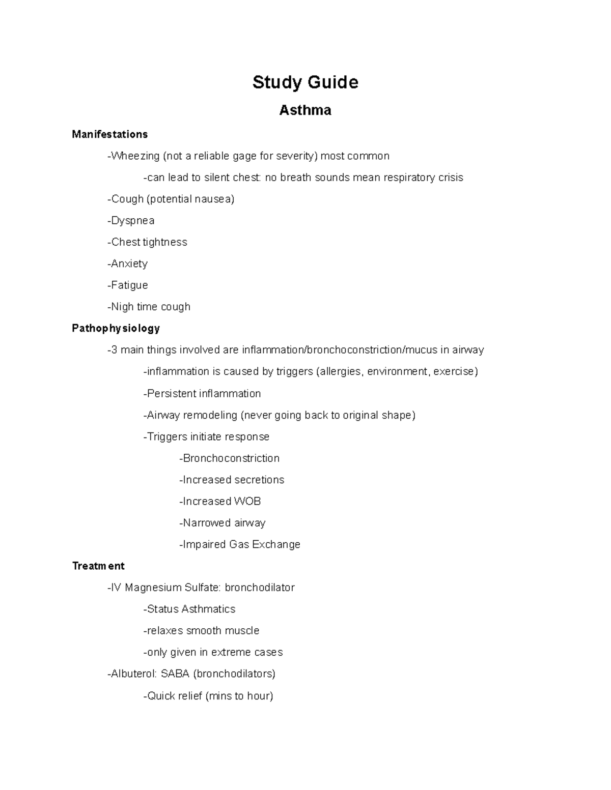 Final Study Guide - Study Guide Asthma Manifestations -Wheezing (not a ...
