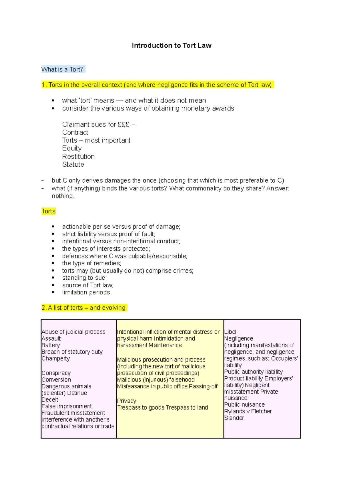 1 - Introduction to Tort Law - Introduction to Tort Law What is a Tort ...