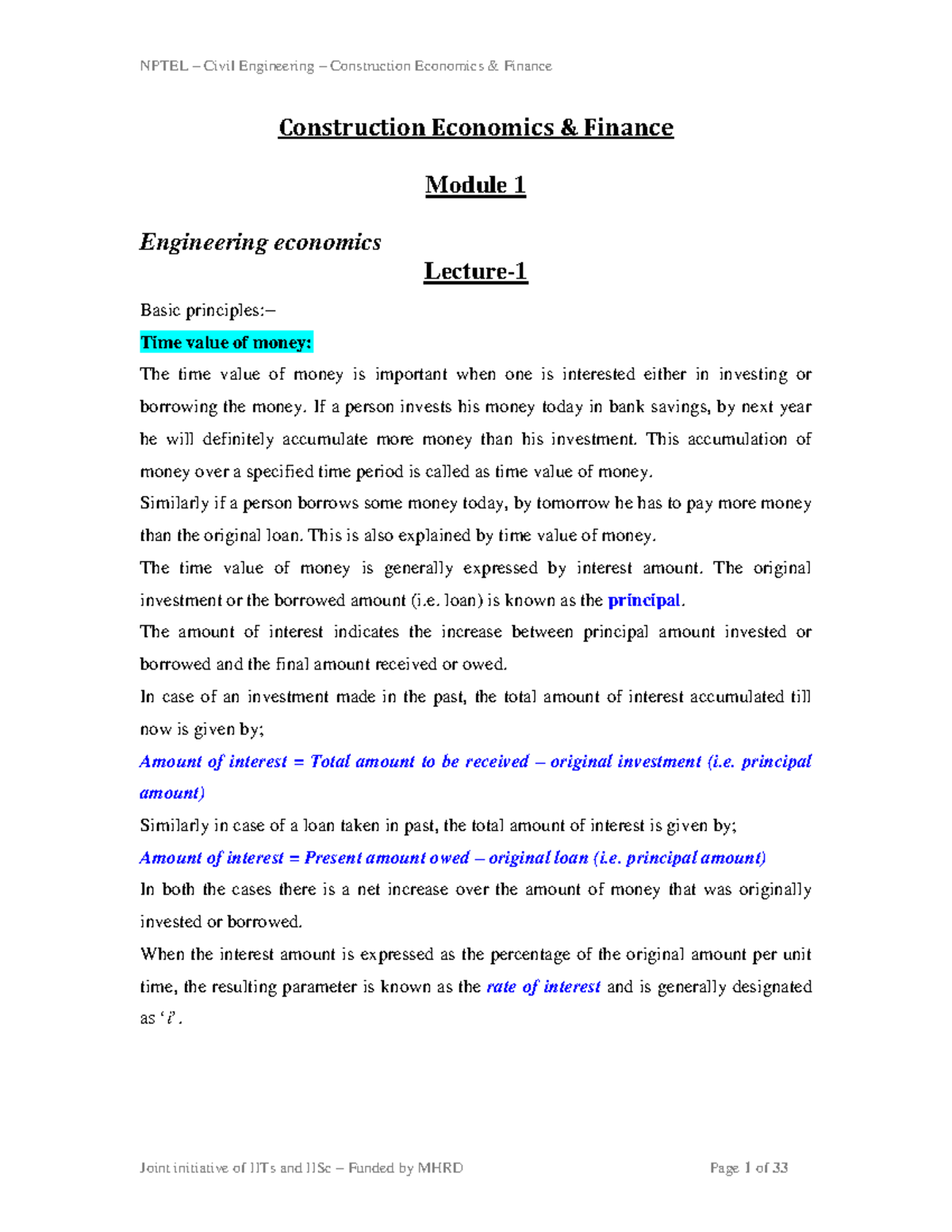 Mod1 - notes - Construction Economics & Finance Module 1 Engineering ...