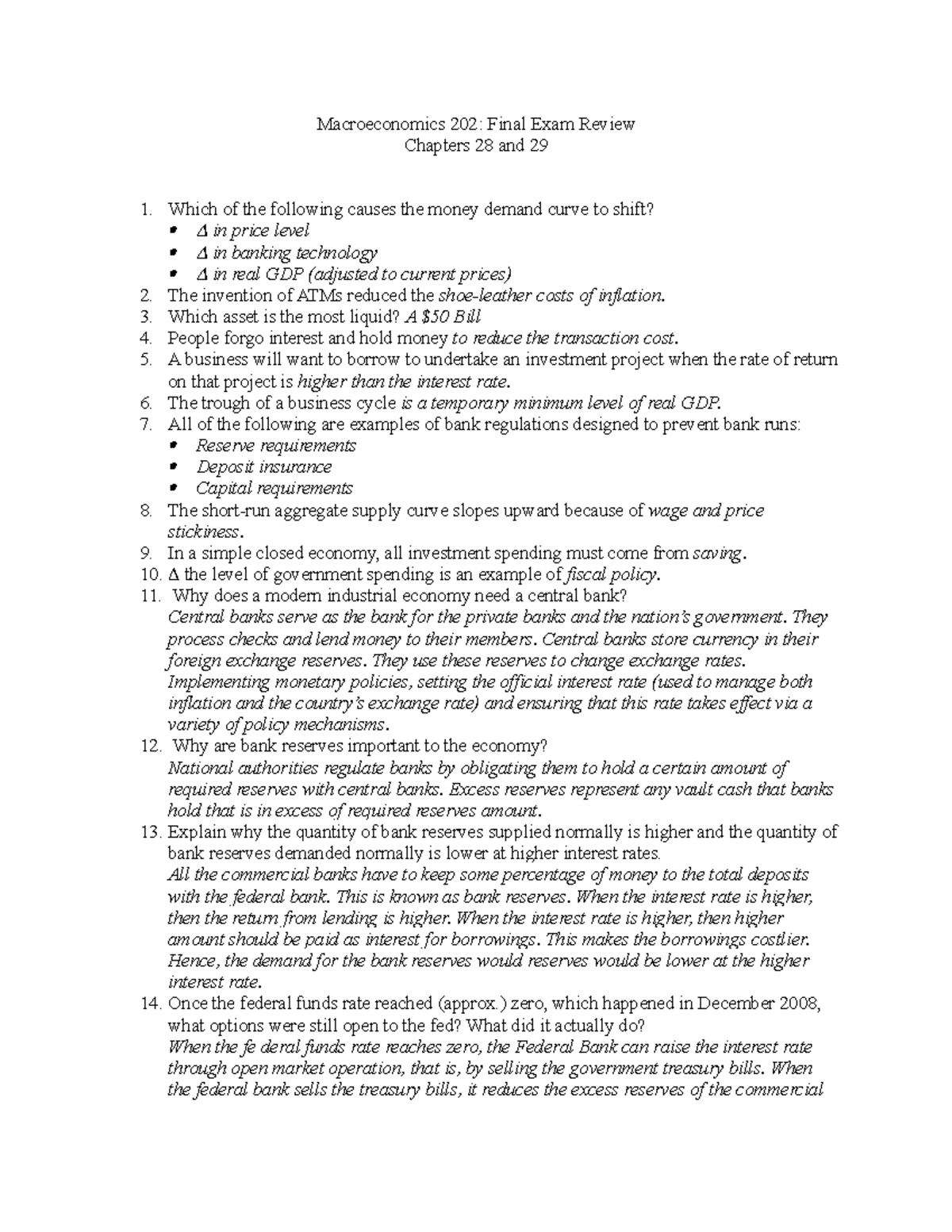 ECON202 Final EXAM Guide - Macroeconomics 202: Final Exam Review ...