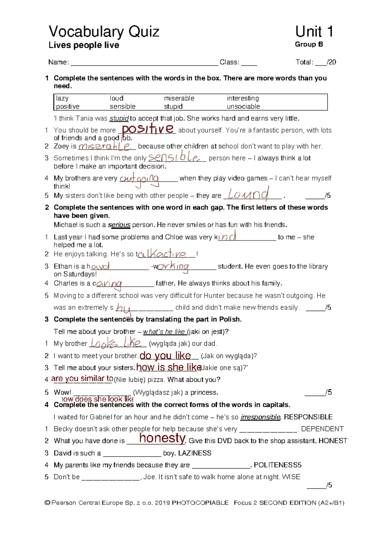 Focus 2 2ed Vocabulary Quiz Unit1 Group B - Vocabulary Quiz Unit 1 ...