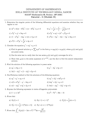 MA107 Tutorial-1 - TUTORIAL SHEET QUES BIT MESRA - DEPARTMENT OF ...
