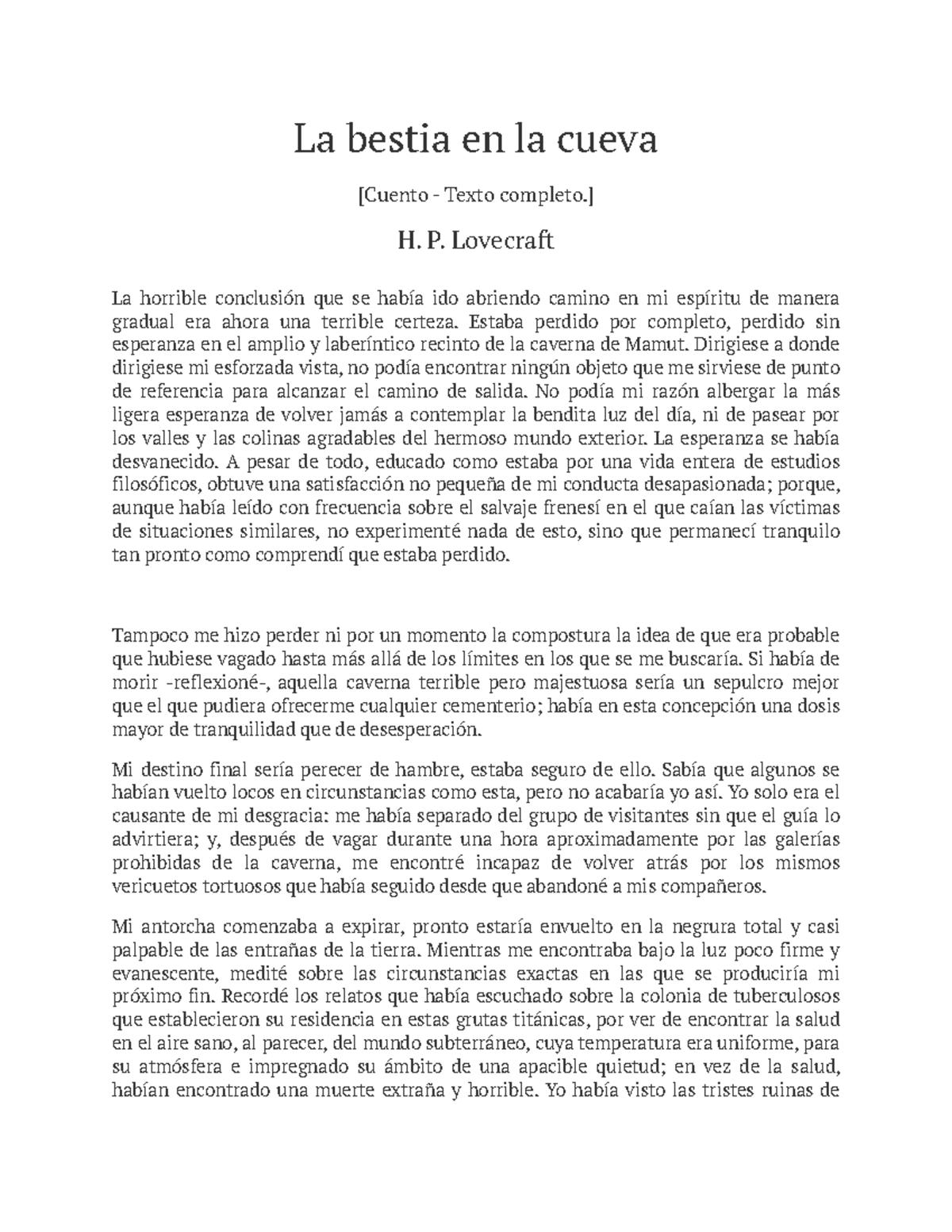 La bestia en la cueva H. P. Lovecraft - La bestia en la cueva [Cuento - Texto completo.] H. P ...