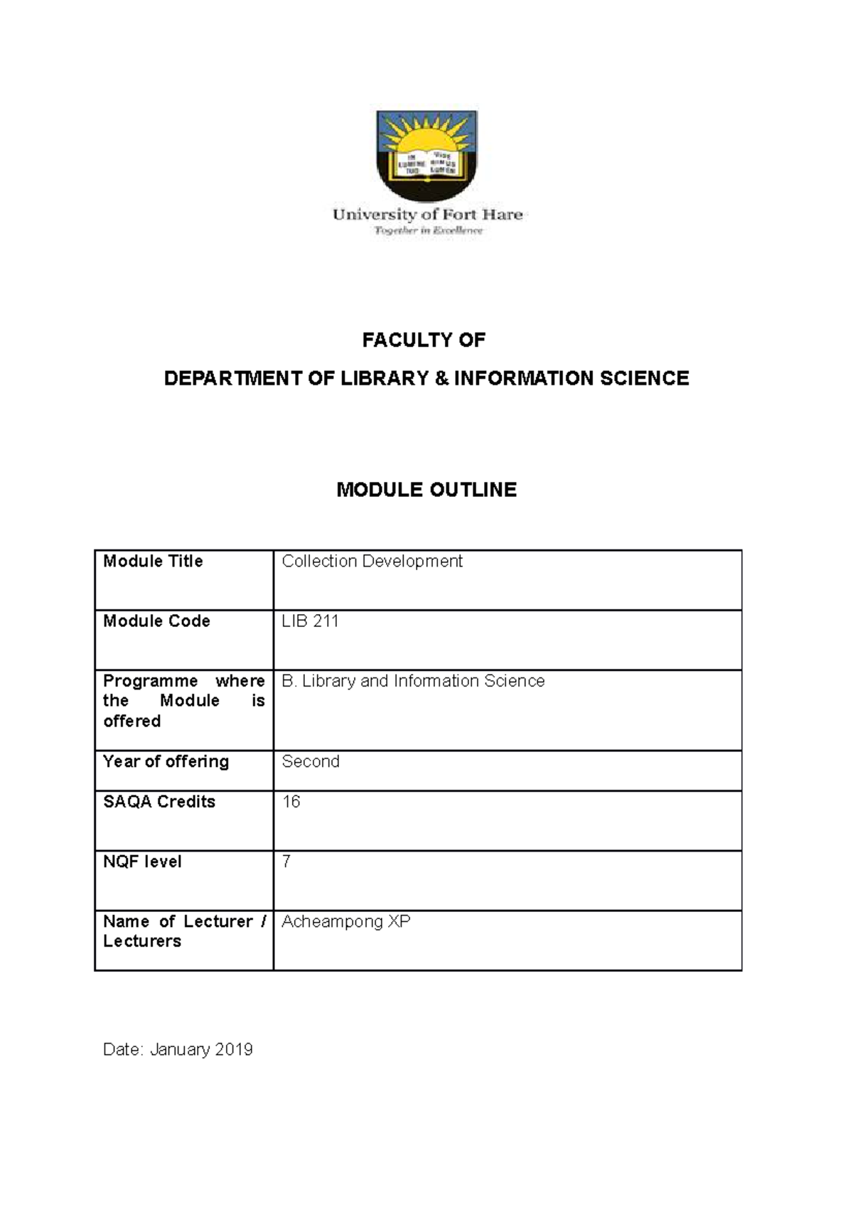 LIB 211.studyguide UFH - FACULTY OF DEPARTMENT OF LIBRARY & INFORMATION ...